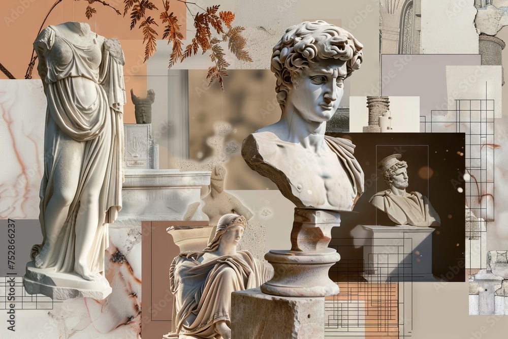 Collage of stoic classical statues with stoicsim and textures. A ...