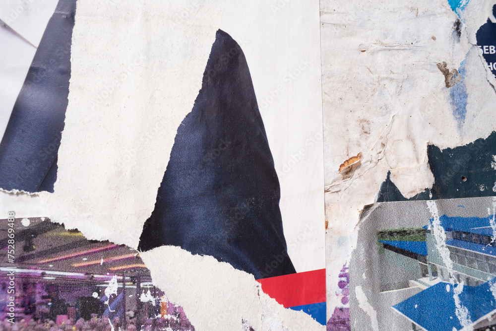 Torn and ripped street poster background, old paper messy collage ...