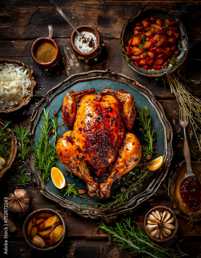 FRANGO ASSADO: UM CLOSE UP DE UM FRANGO IINTEIRO ASSADO EM UM PRATO ...