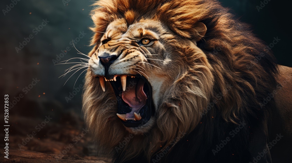 Majestic lion roaring, muscles tensed in a powerful show of dominance ...