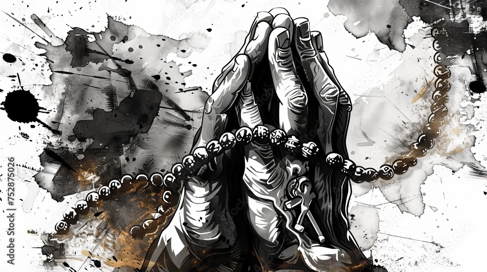 a prayer hand with rosary, in the style of wildstyle, inverted black ...