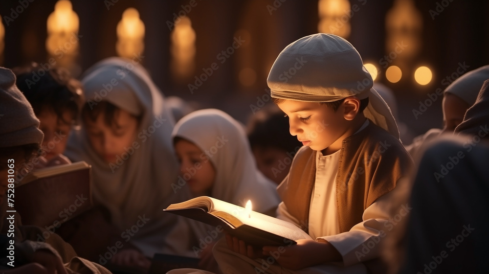 Muslim child with smile face reads the holy Quranthe public, item of ...
