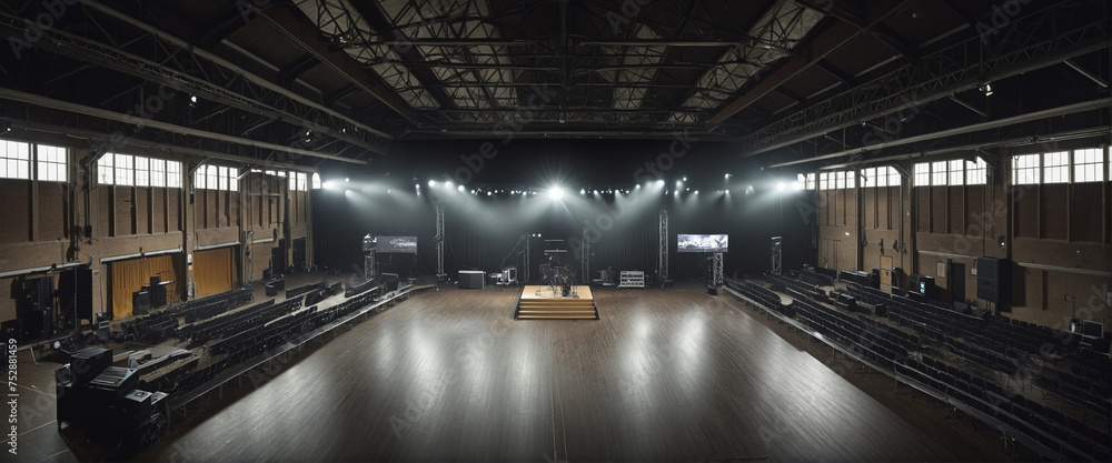 A Live stage production being built in an old warehouse. Stage rig, and ...