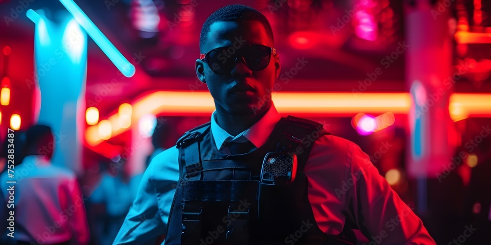 Nightclub security officer ensuring safety in a lively venue. Concept ...