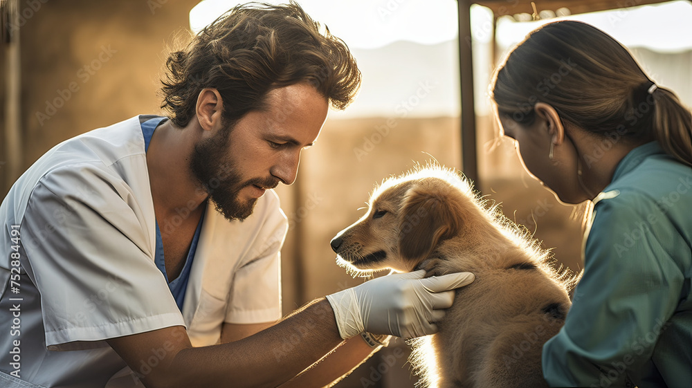 Young veterinarian examining a golden lab puppy with its caretaker from ...