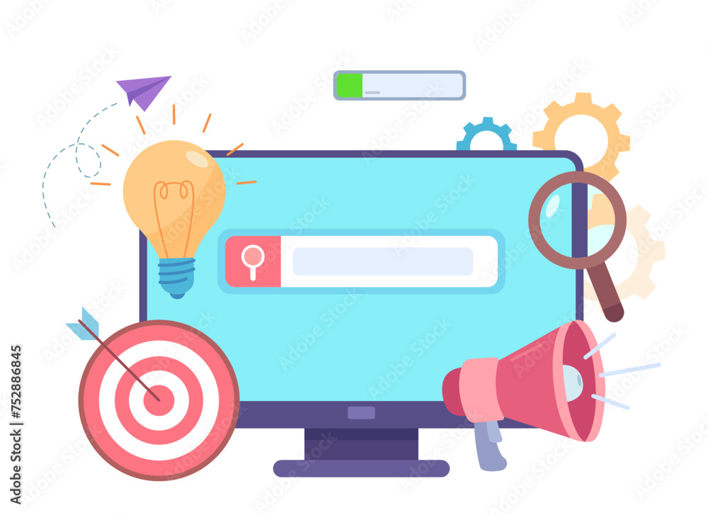 Computer with marketing elements vector illustration. Megaphone, target ...