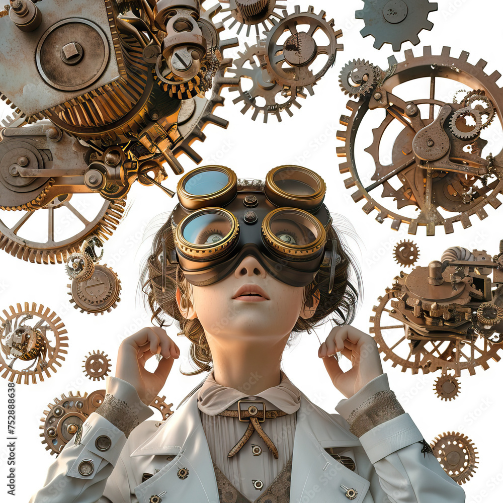 Eccentric inventor girl with goggles, lab coat, gears, invents ...