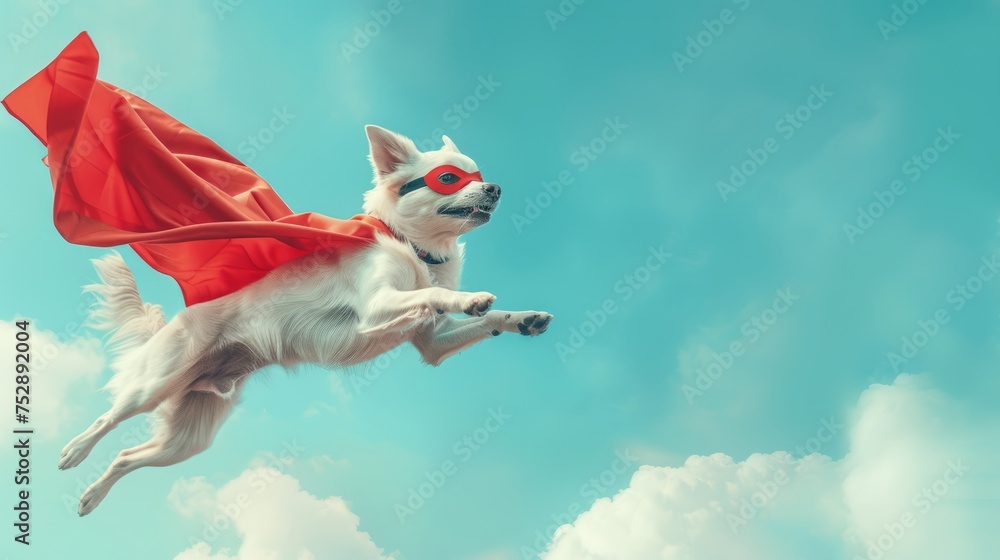 Imaginative and whimsical, a superhero dog flies through a blue sky ...