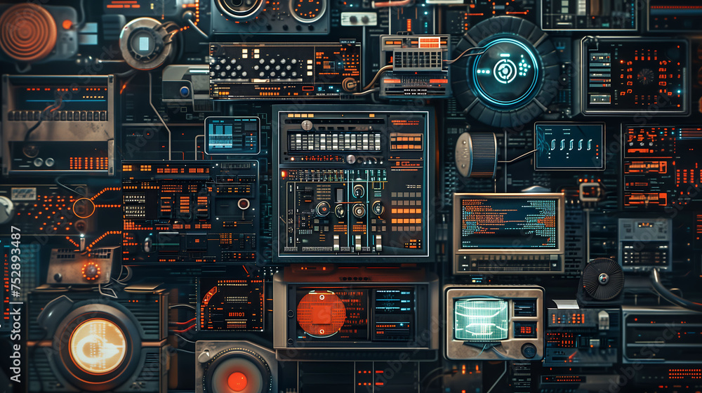 Time machine control panel with futuristic holographic displays Stock ...