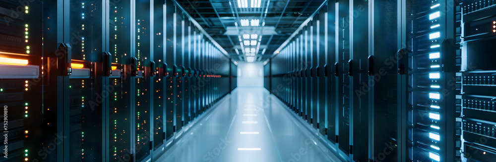 Data center for cloud computing and big data storage. Server room with rows of rack-mounted ...