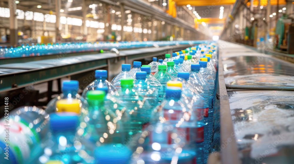 Plastic waste recycling plant, plastic reuse. Rows of plastic bottles ...