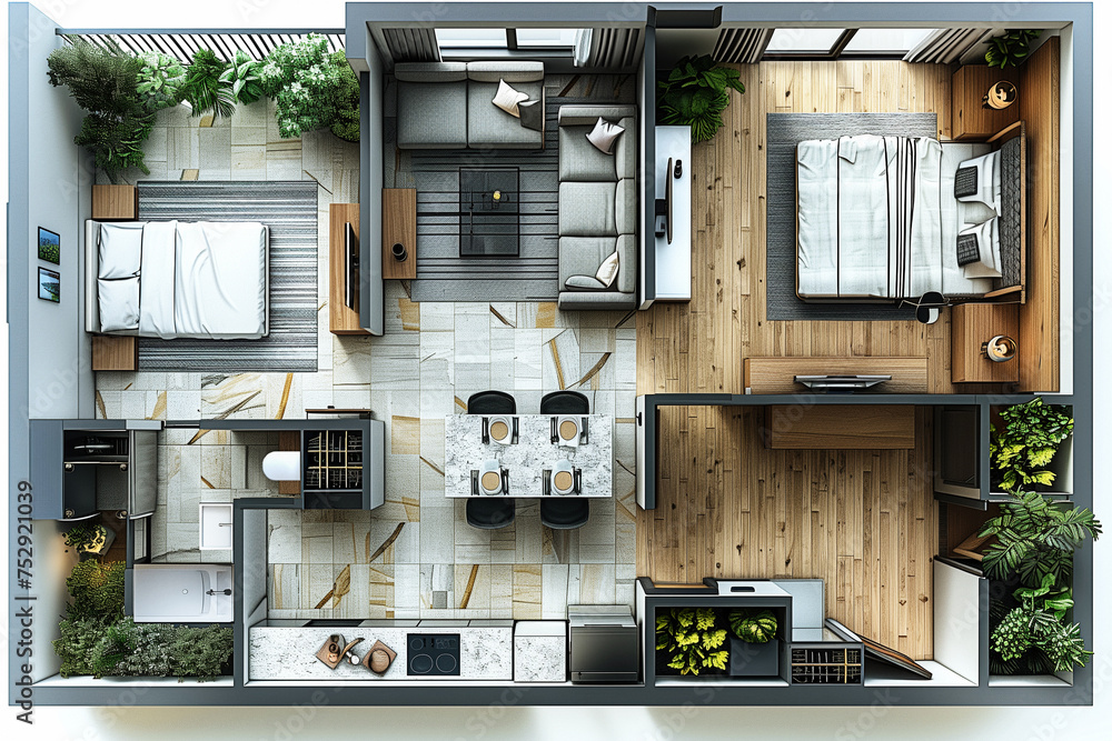 Home flat ground plan design with furniture, top view layout: two ...