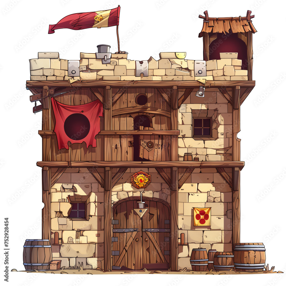 Digital illustration of a medieval barracks with red banners. Role ...