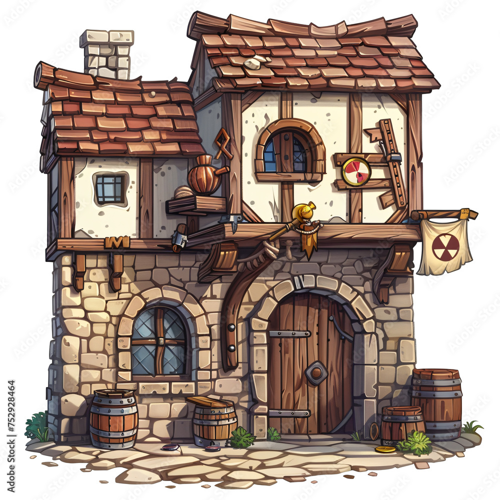 Digital illustration of a medieval barracks with red banners. Role ...