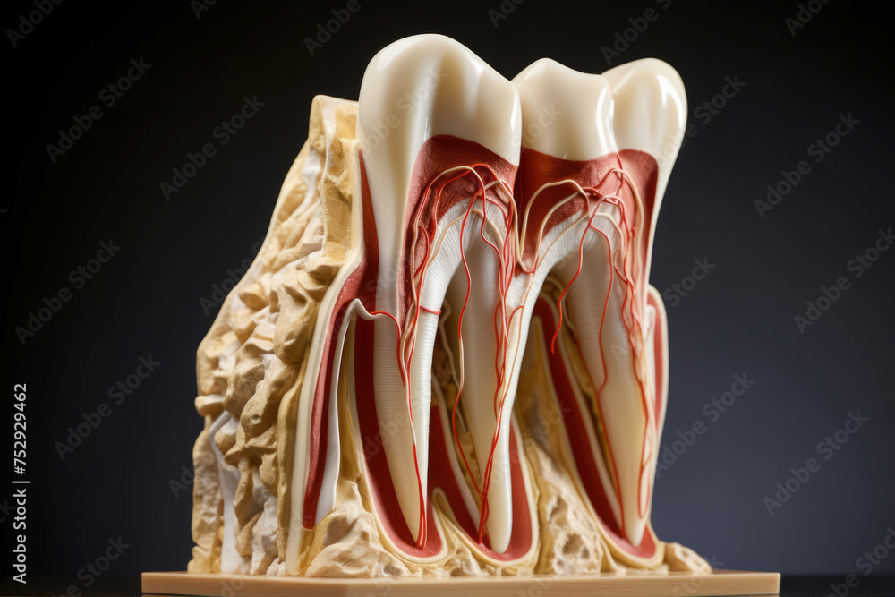 A cross-sectional model of a human tooth with the nerves visible close ...