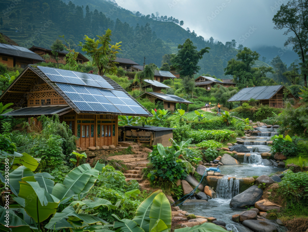 Lush greenery surrounds an eco-friendly village harnessing solar power ...
