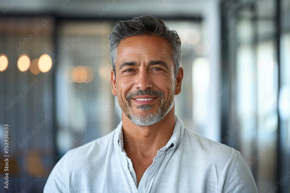 Confident mature man with salt-and-pepper hair, smiling warmly in a ...