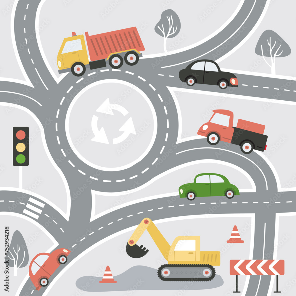 seamless pattern with various cars, traffic lights and road signs on a ...