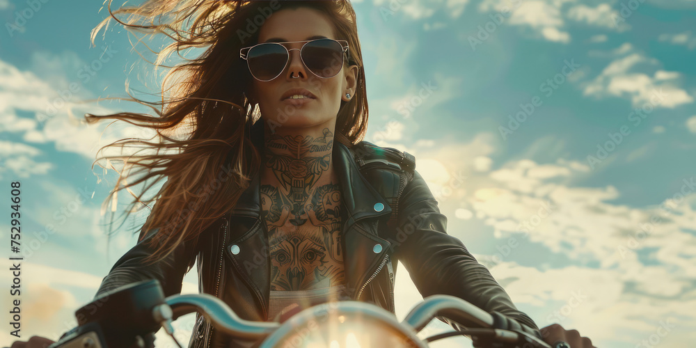 A Beautiful woman biker wearing glass with tattoos muscled arms and ...
