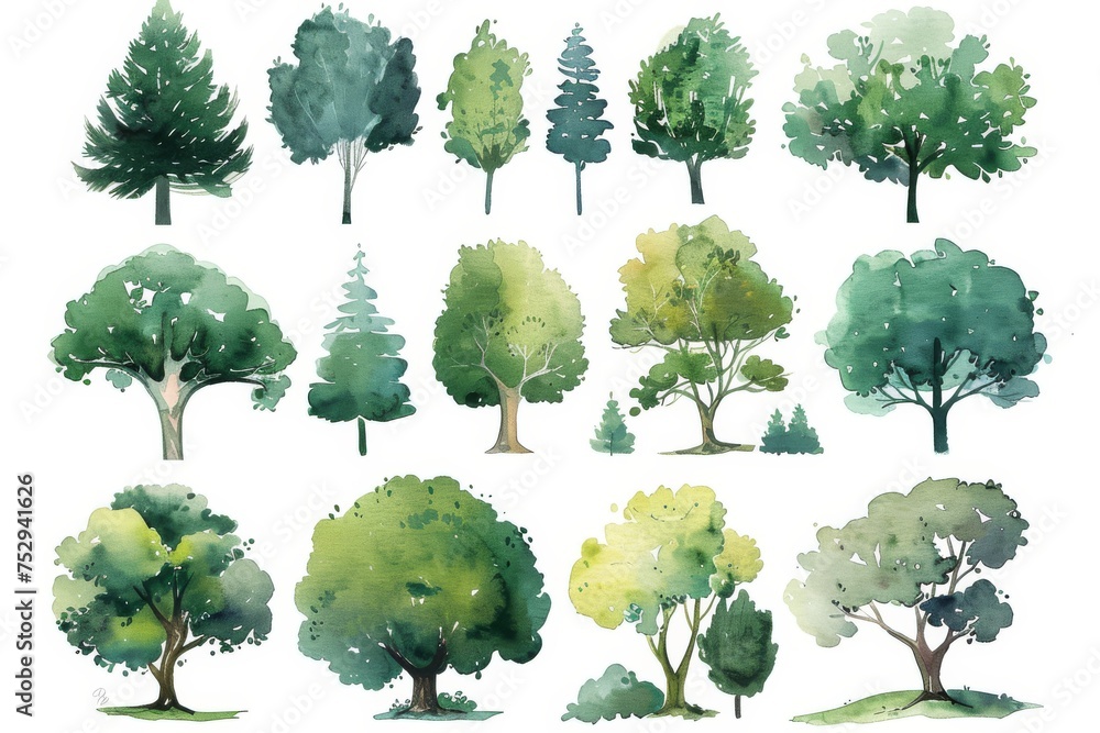 Watercolor painted various tree collection. An array of watercolor ...
