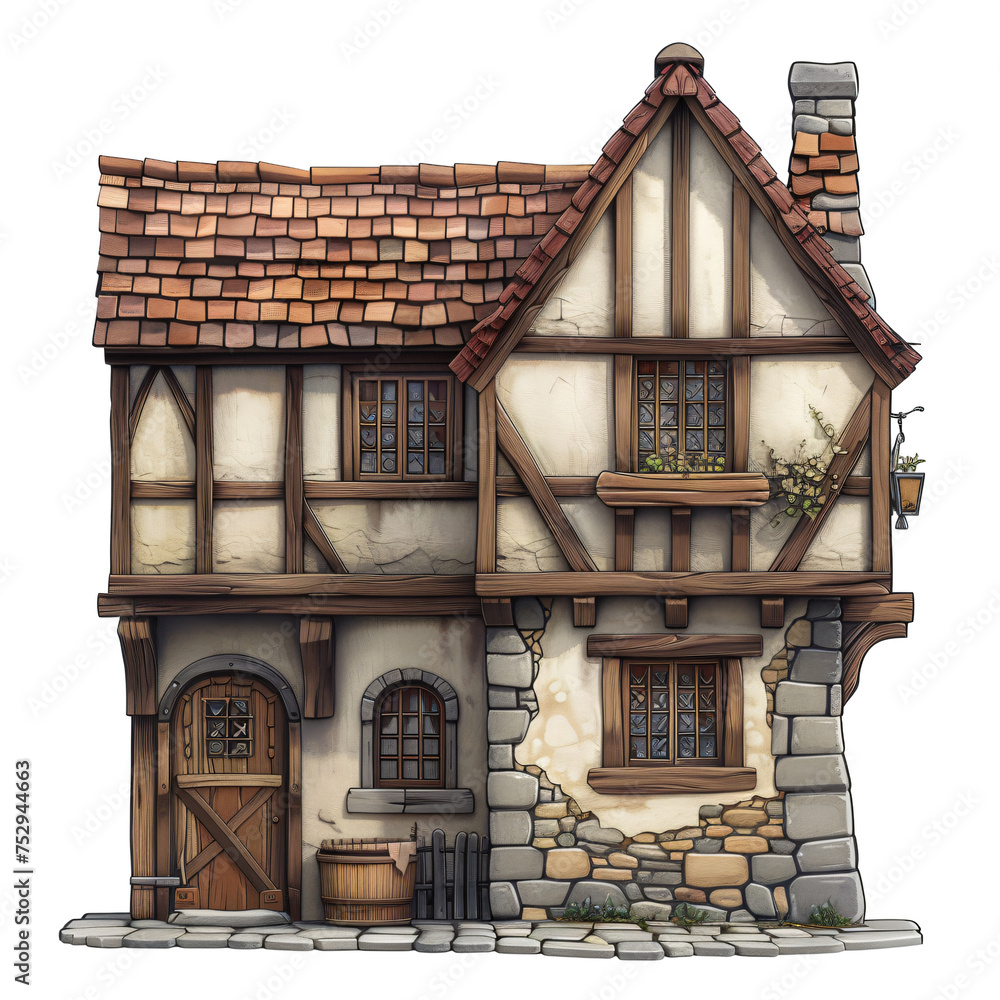 Illustration of a medieval house with timber framing and stone base ...