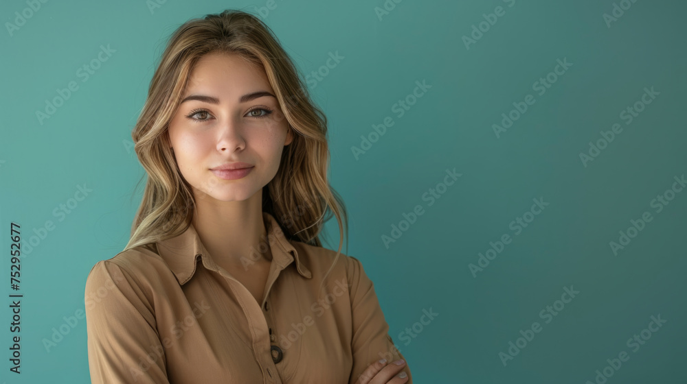 Confident young woman stands before a teal background. Her light brown ...