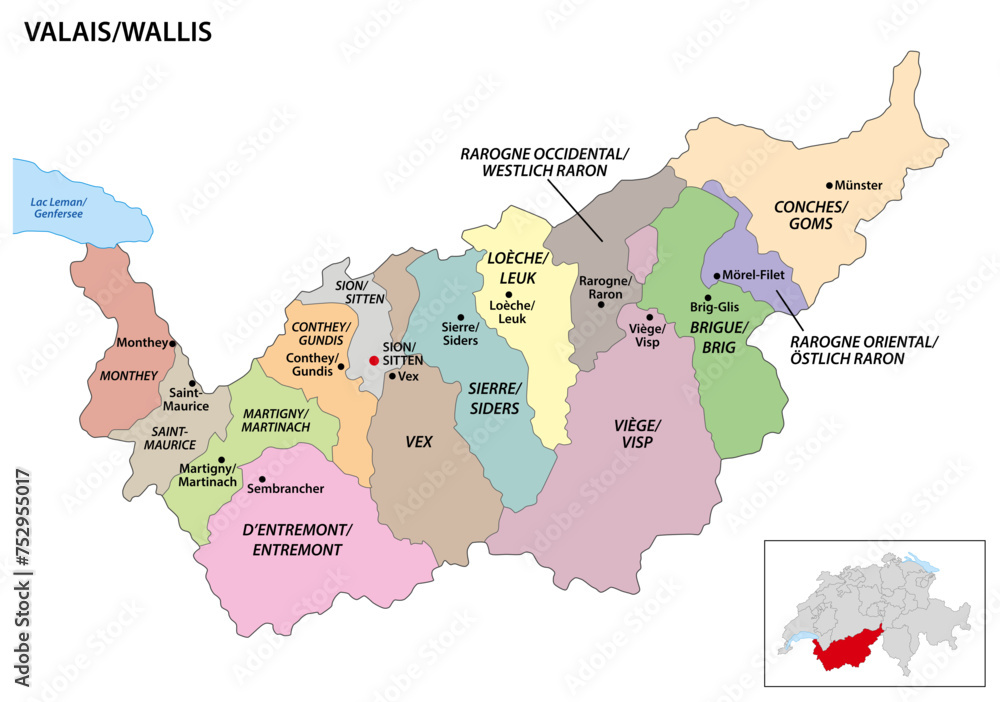 Administrative district map of Valais Canton, Switzerland Stock Vector ...