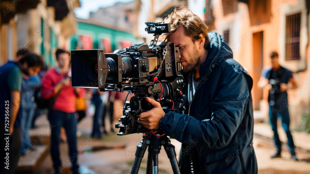 Film crew team with light man and cameraman working together with ...