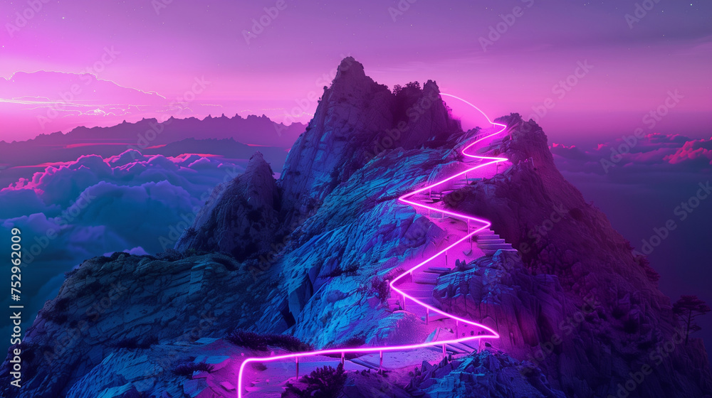 Neon Path to mountain top , Ai generated image, A neon light is seen in ...