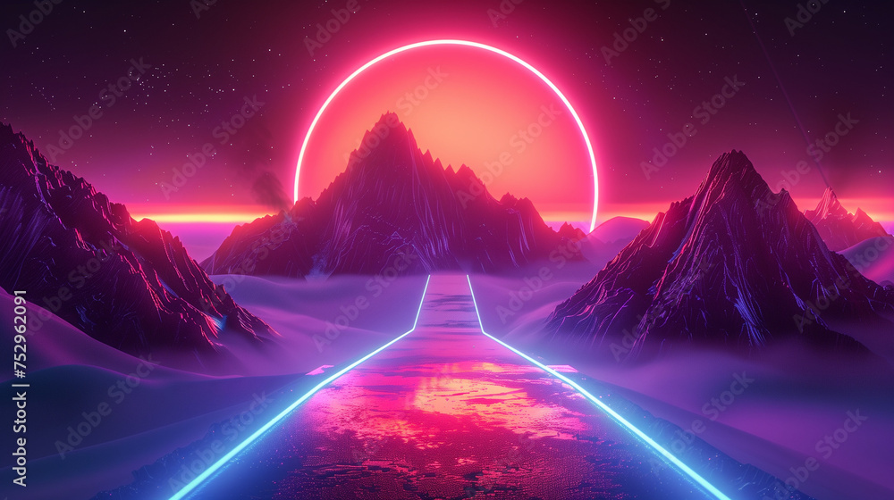 rainbow over the mountains, Neon paths leading to the mountain ...