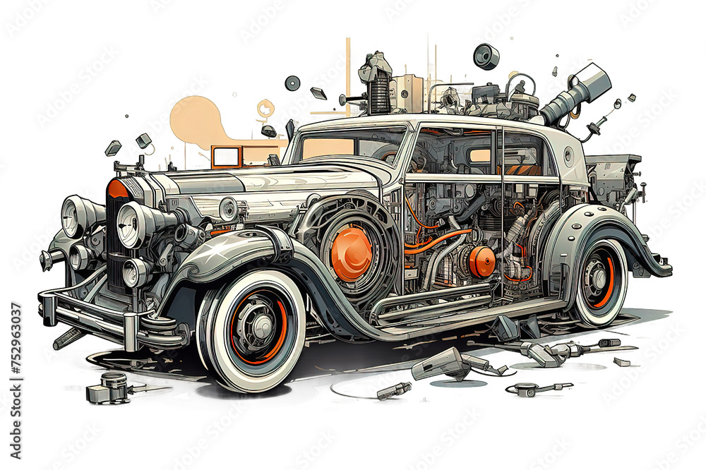 Vintage car components collection witn automobile motor engine piston ...