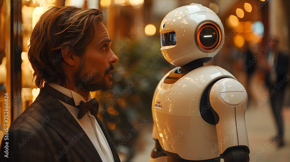 Service Robot Helper. Friendly Cyborg Assisting Humans, Interaction and ...