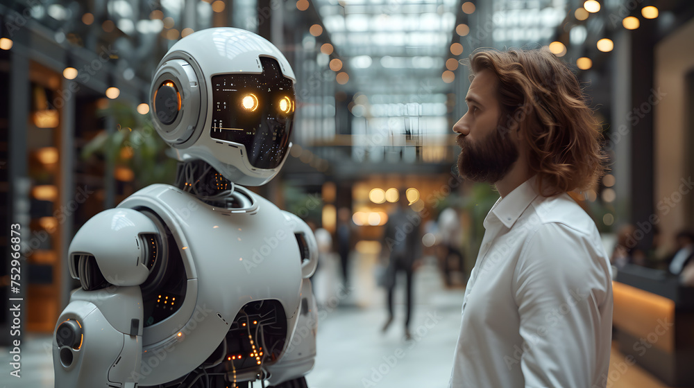 Service Robot Helper. Friendly Cyborg Assisting Humans, Interaction and ...