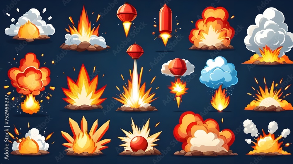 Bomb explosion. Cartoon dynamite explosions effect, fire and explosive ...