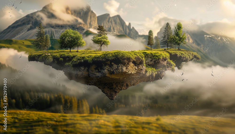 Surreal dream landscape with floating elements - conveying the ...
