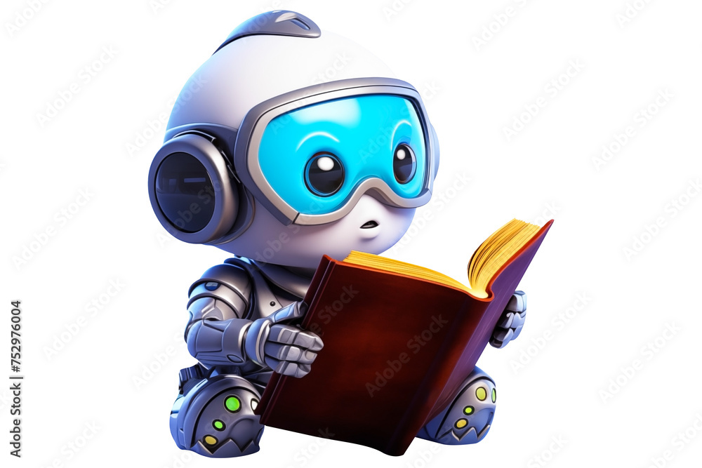 Cute Realistic Cyborg baby robot PNG reading a book in a cartoon style ...