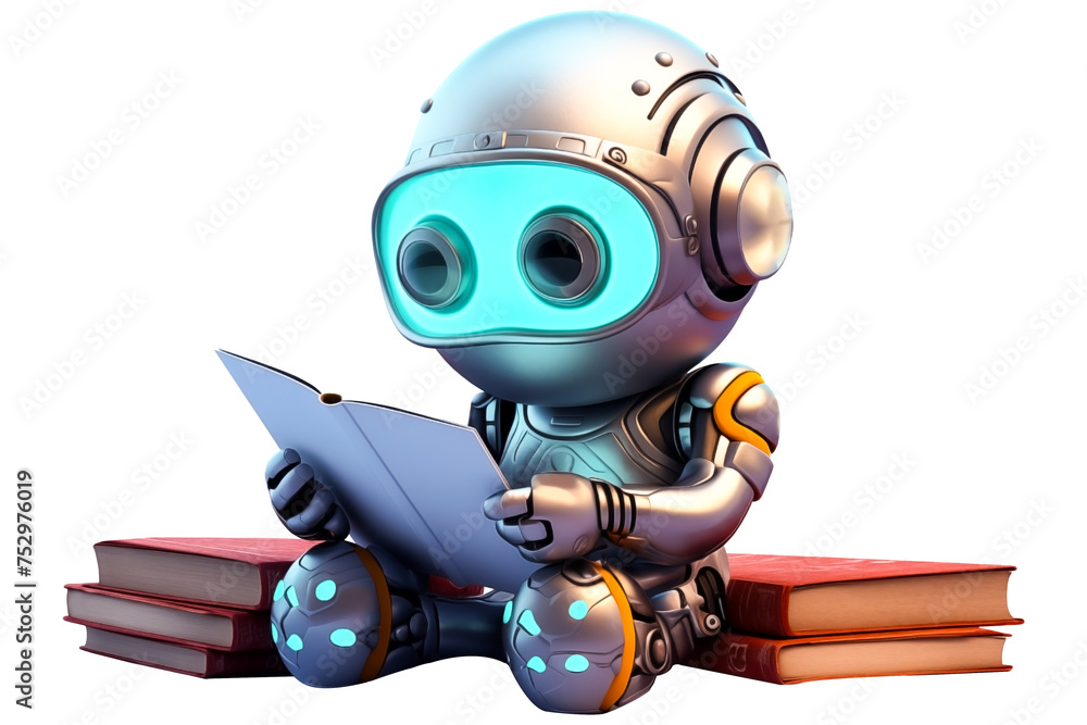 Cute Realistic Cyborg baby robot PNG reading a book in a cartoon style ...