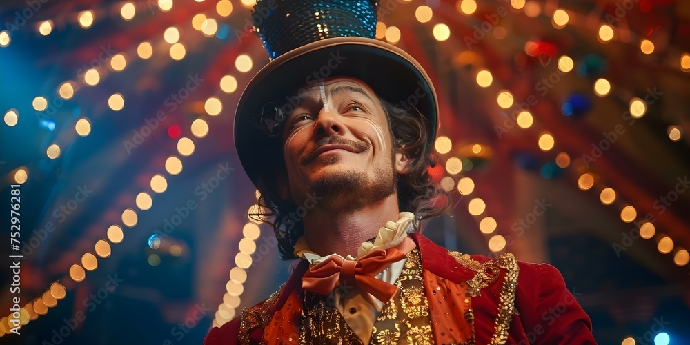 Man in circus attire and top hat poses among dazzling circus lights ...