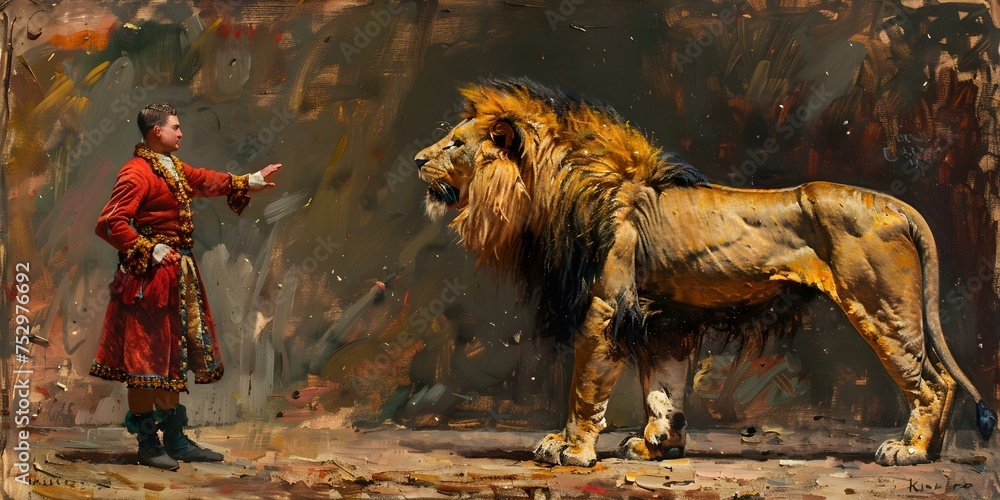 Vintage circus lion tamer painting intricately crafted with rich colors ...
