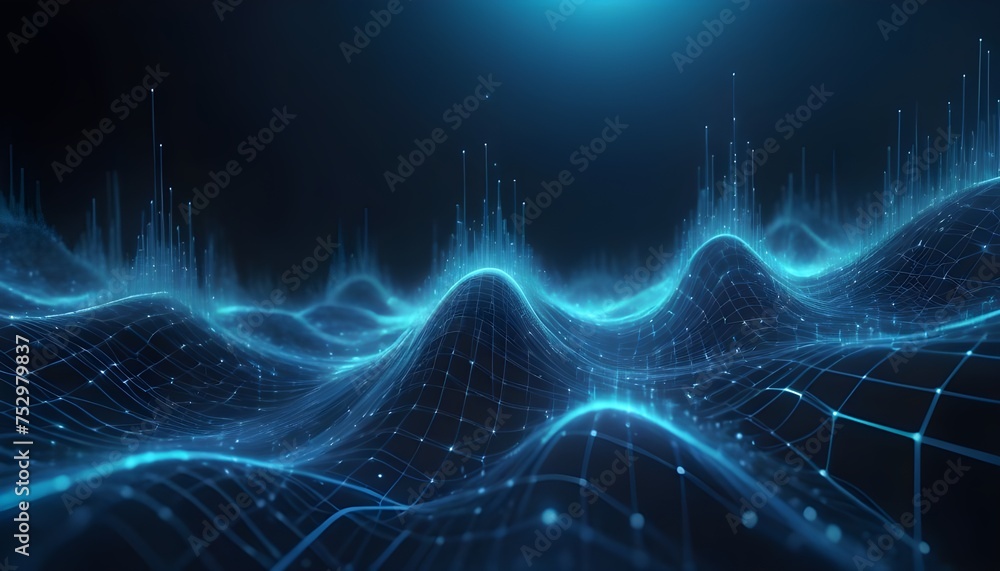 Abstract blue tech background with digital waves, dynamic network system, artificial neural ...