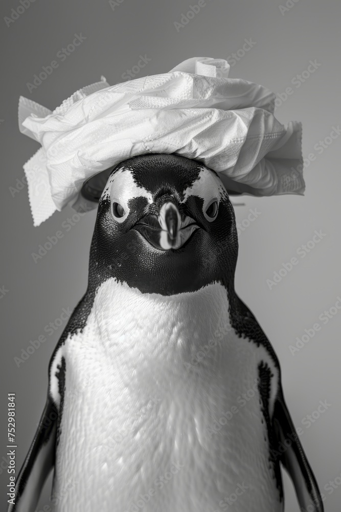 Toilet paper roll balancing on penguin head. An ironic and humorous ...