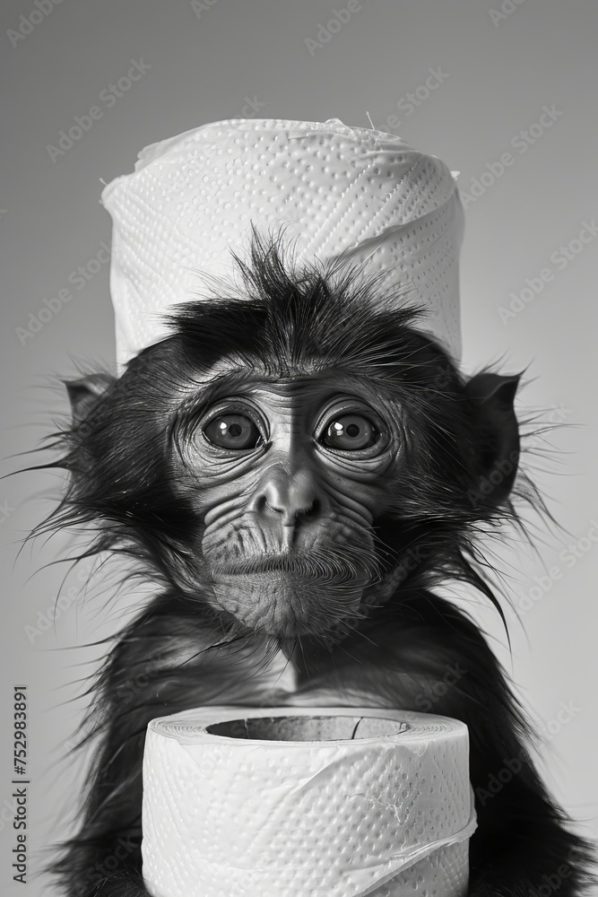 Toilet paper roll balancing on monkey head. An ironic and humorous ...