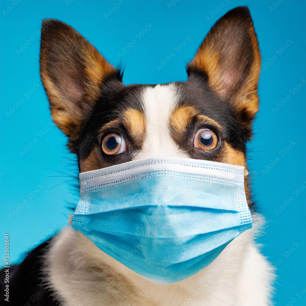 dog surprised face with bulging big eyes in medicine mask over blue ...
