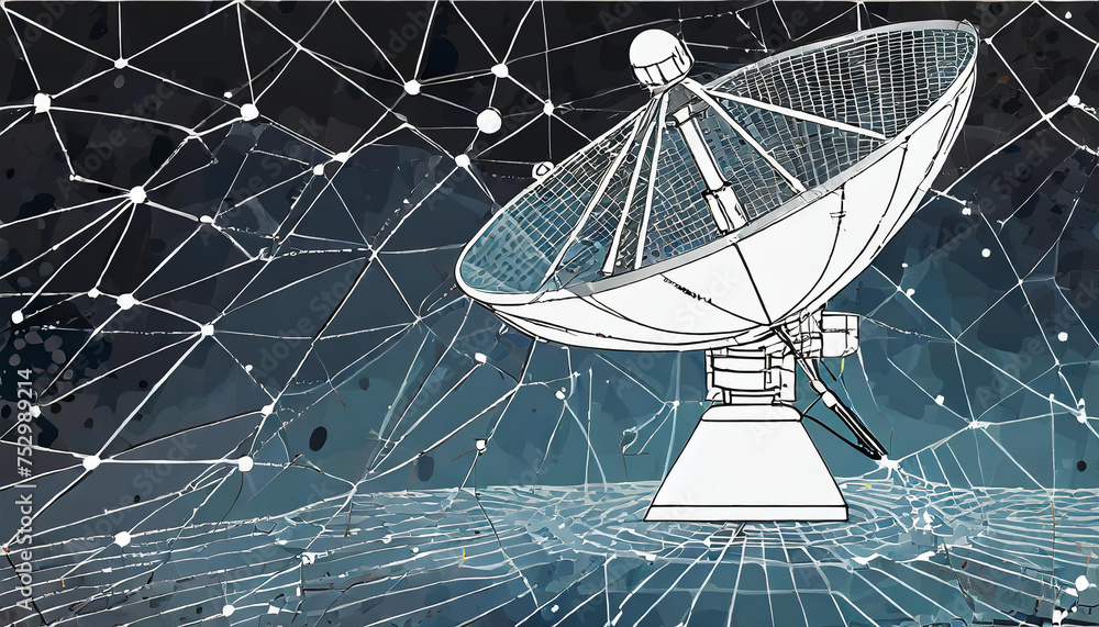 The large satellite dish transmits and receives signals from space. A ...