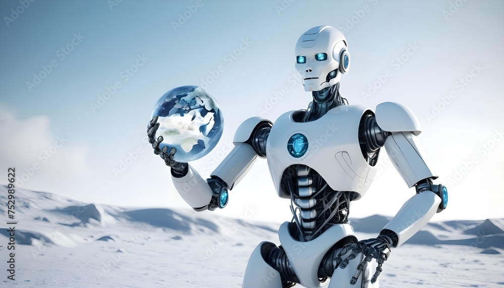 A futuristic AI robot holding a frosty Earth symbolizes reflection on ...