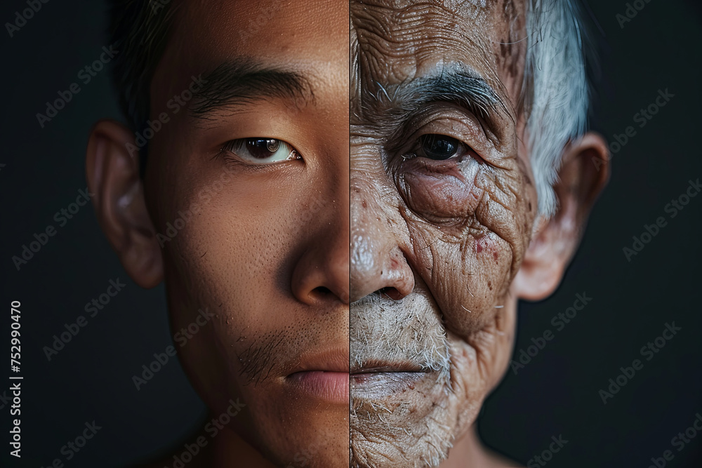 A man face with one side is the young version of him, and the other ...