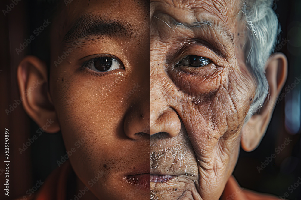 A man face with one side is the young version of him, and the other ...