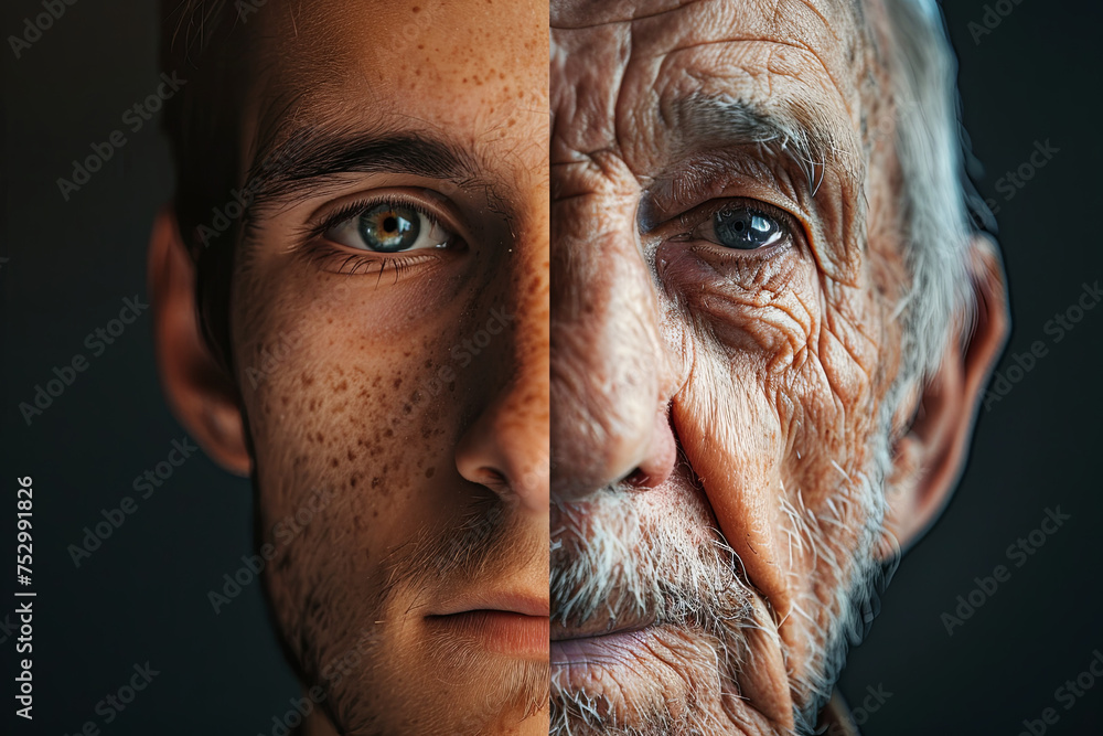 A man face with one side is the young version of him, and the other ...