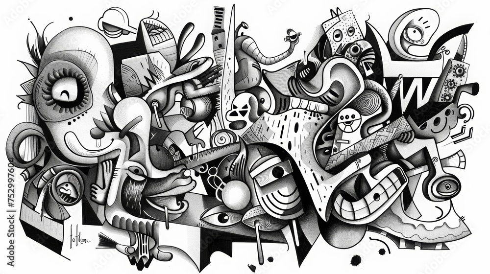 thin line art of doodling shapes , no shading, thin fine black lines ...