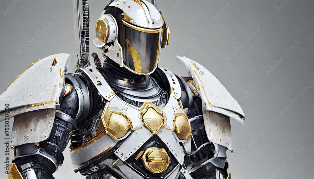 Portrait of full body science-fiction mech samurai warrior with white ...